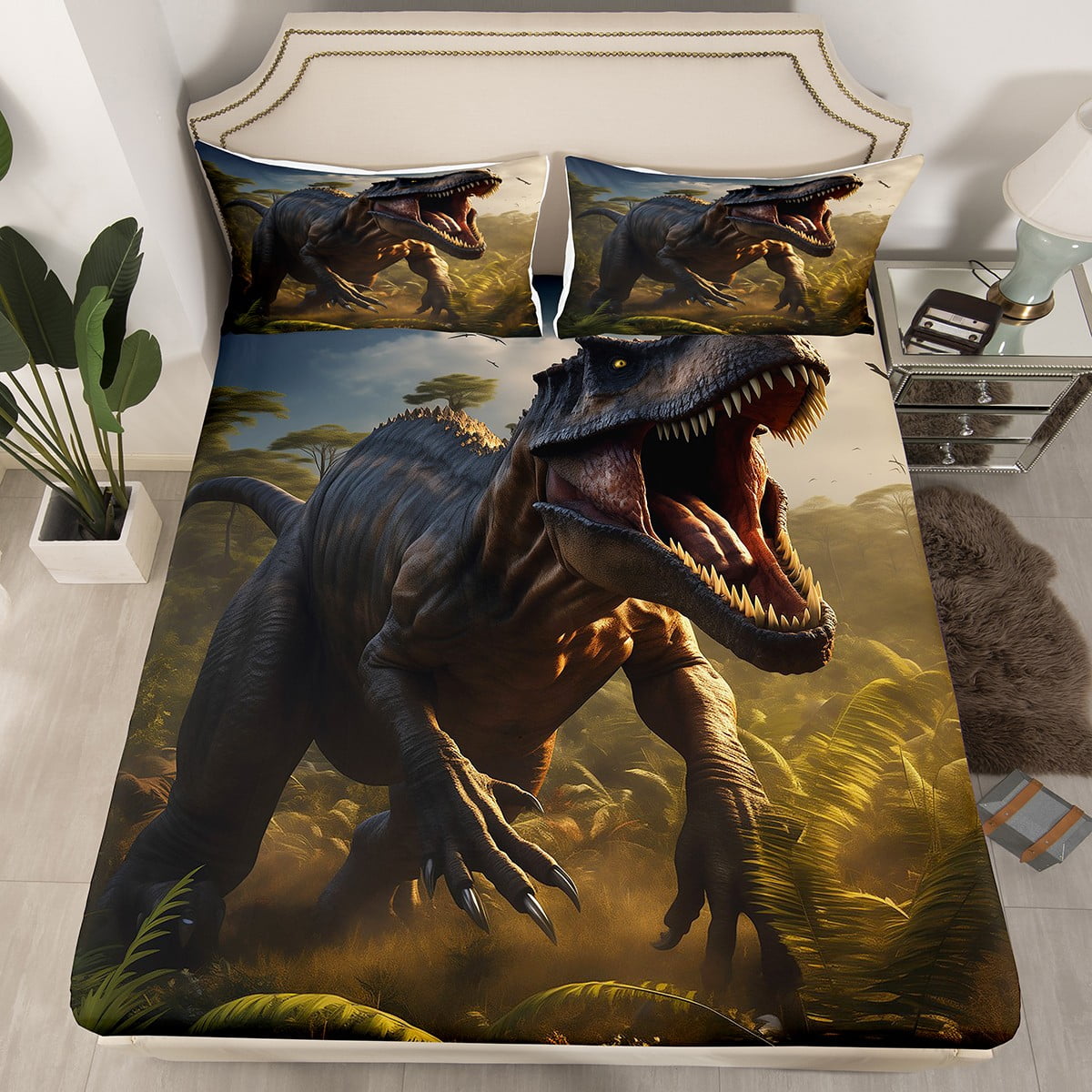 YST Dinosaur Fitted Sheet Twin for Kids Jungle Animal Bed Sheets 3D Dinosaur Pattern Bedding Set ...