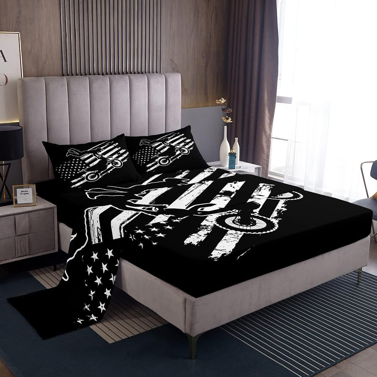 Erosebridal Dirt Bike Sheet Set Queen,Black White Motocross Rider Bed ...