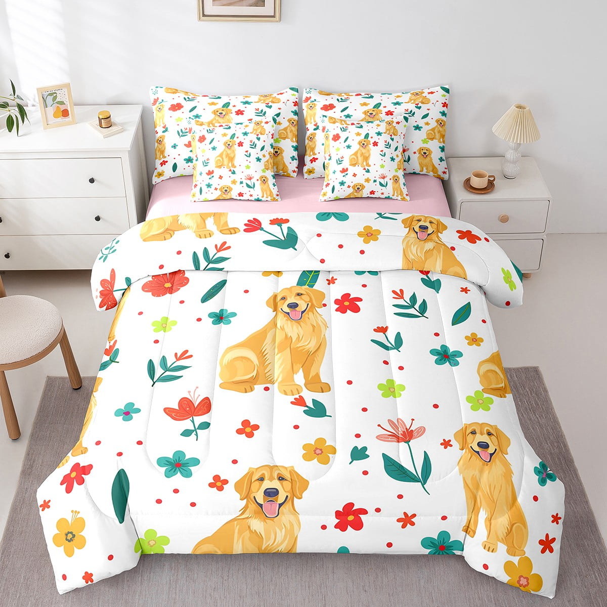 YST Dog 7Pcs Comforter Sets Cartoon Dogs Golden Retriever Bed In A Bag ...