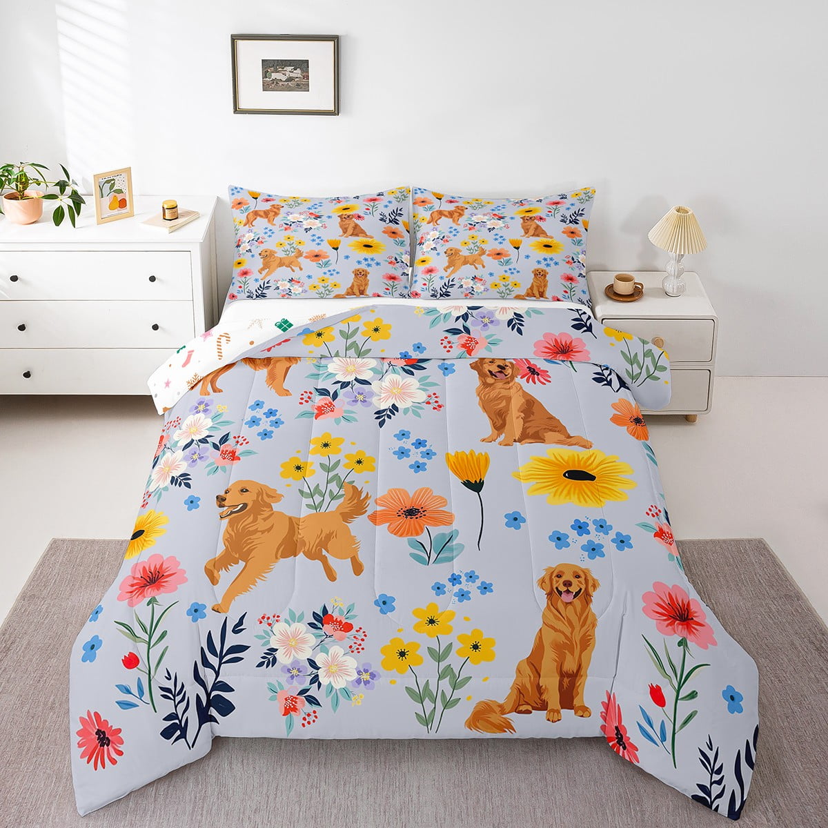 Dog Comforter Set Cartoon Dogs Golden Retriever Bedding Queen Size ...
