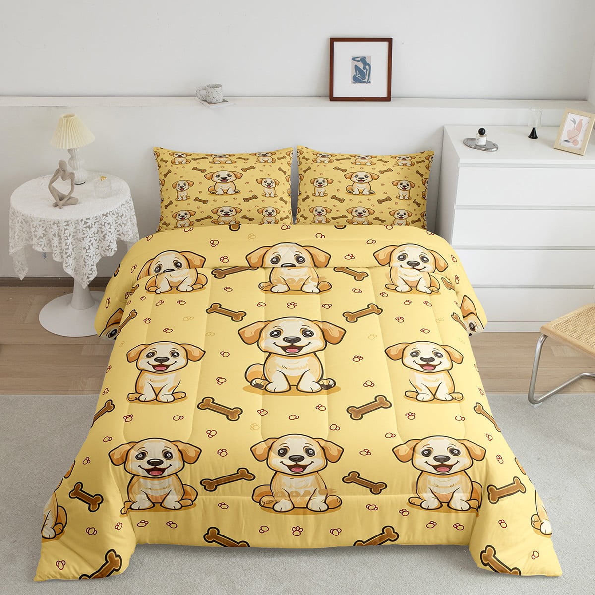 Dog Comforter Set Queen Size Cute Yellow Puppy Dog Bedding Set Room ...