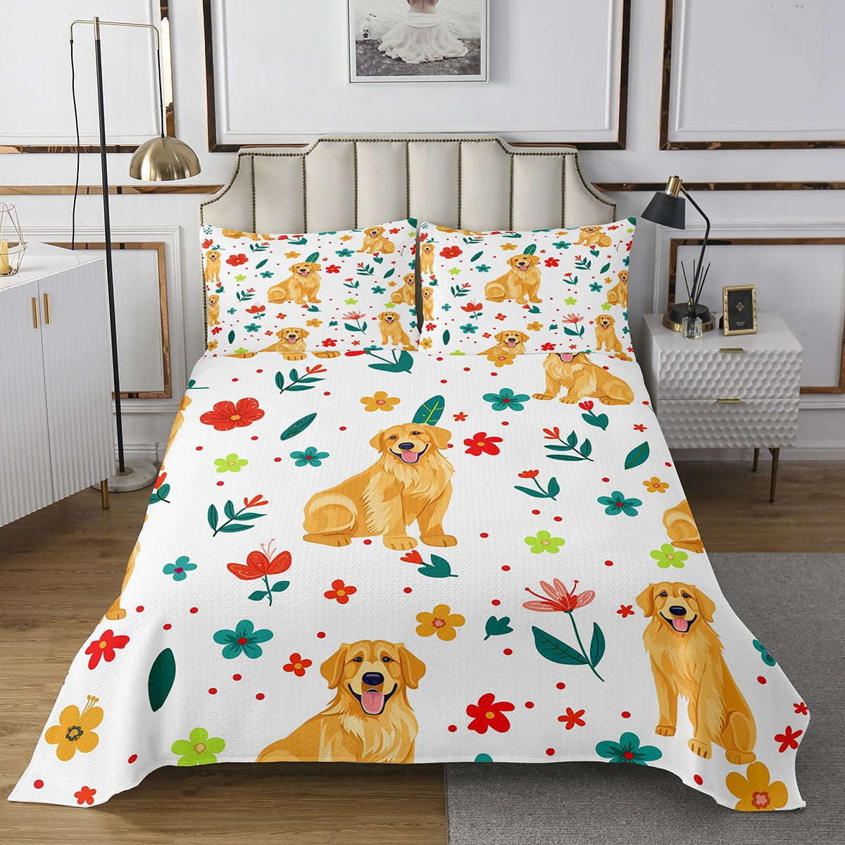 YST Dog Coverlet Set Cartoon Dogs Golden Retriever Bedspread Set Twin ...