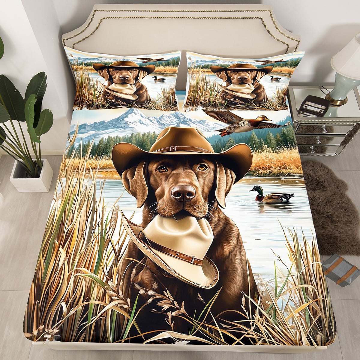 Dog Hunter Fitted Sheet Queen,Animal Mallard Duck Bedding Set Duck Hunting Bed Sheets Farmhouse ...