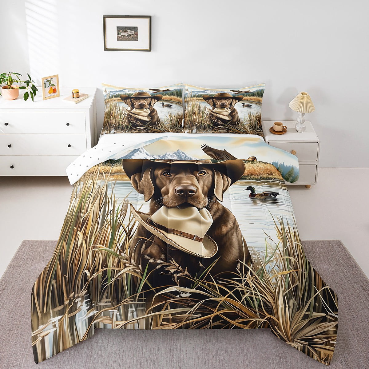 Dog Hunter Queen Comforter Set,Animal Mallard Duck Bedding Set Duck Hunting Down Comforter ...