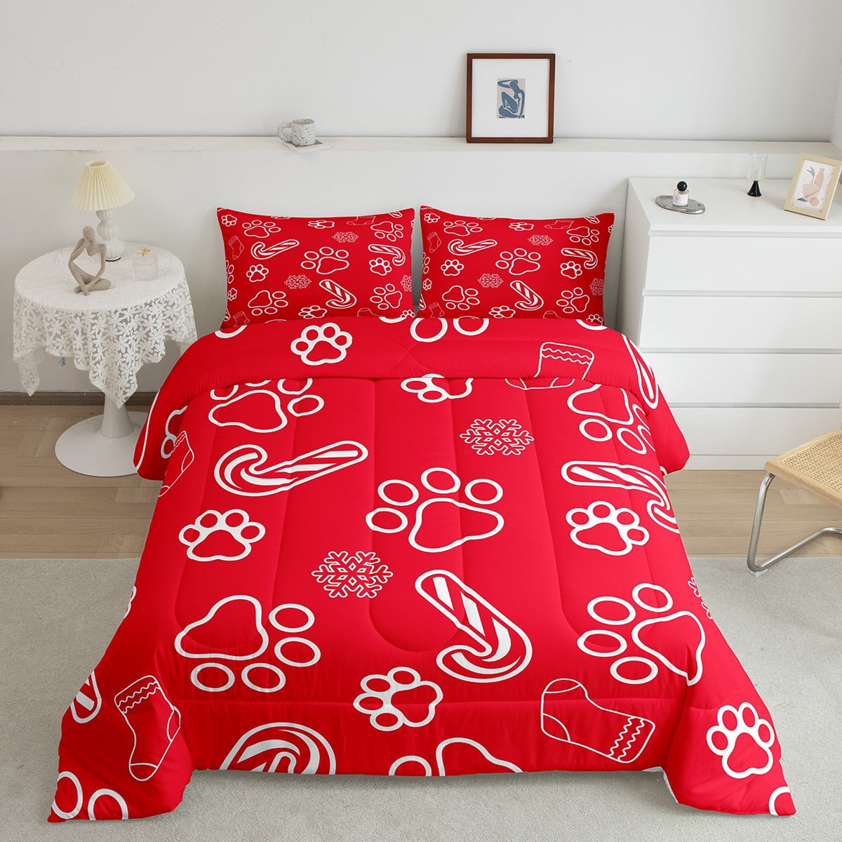 Erosebridal Dog Paw Print Comforter Set King Merry Christmas Bedding ...