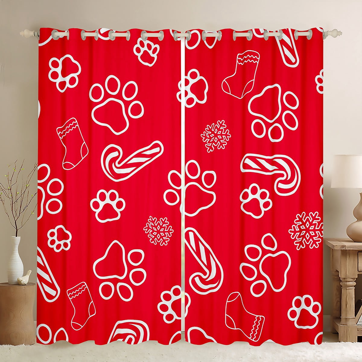 YST Dog Paw Print Curtains & Drapes 42"Wx63"L Merry Christmas Window ...
