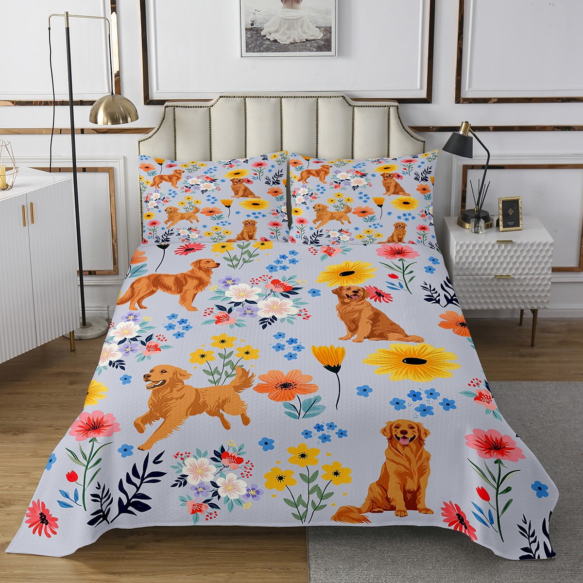 YST Dog Quilt Set Cartoon Dogs Golden Retriever Bedspread Set Twin Size ...
