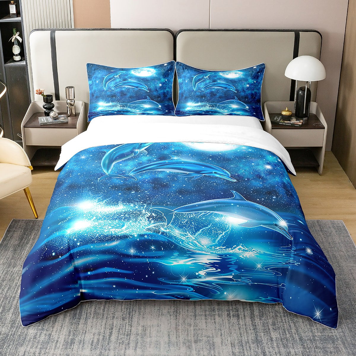 Erosebridal Dolphin 100% Natural Cotton Duvet Cover Full, Galaxy Full Moon Bedding Set, Ocean ...