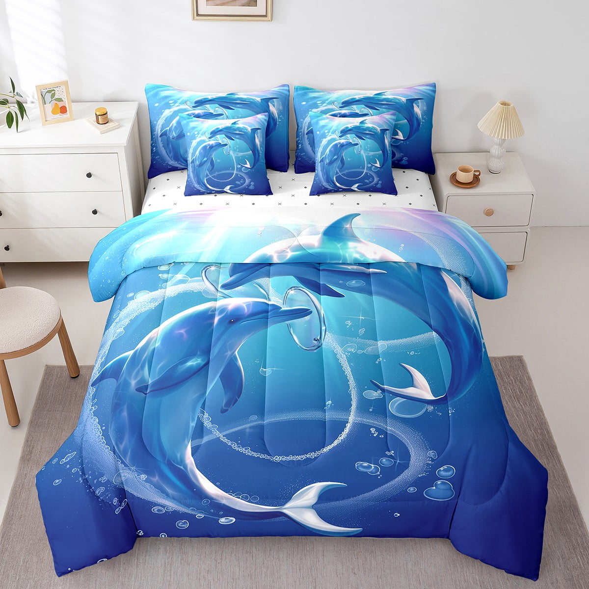 Dolphin 7 Pcs Comforter Set Queen,Underwater World Bed in a Bag,Cute Marine Life Blue Wave ...