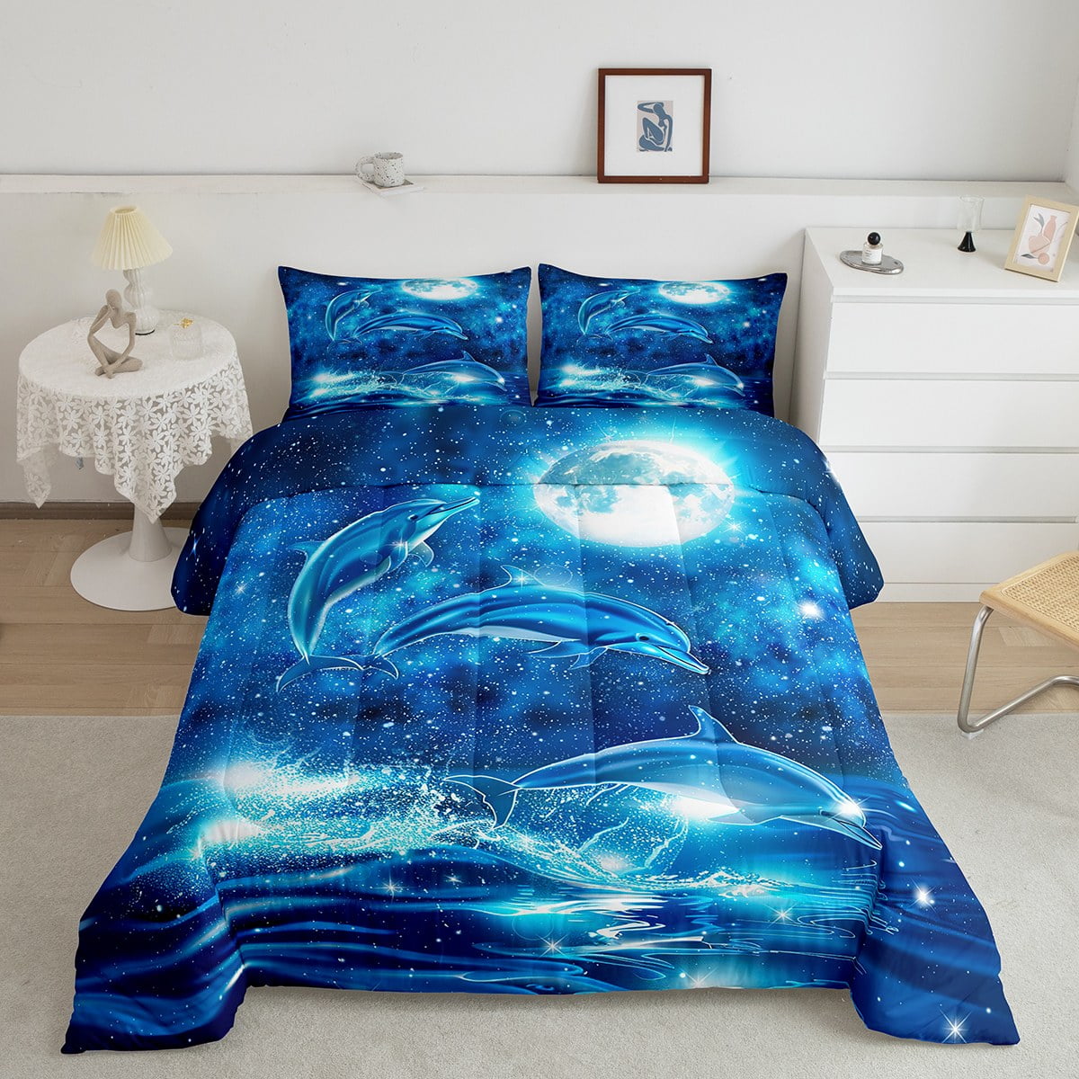 Erosebridal Dolphin Comforter Set King, Galaxy Full Moon Bedding, Ocean ...