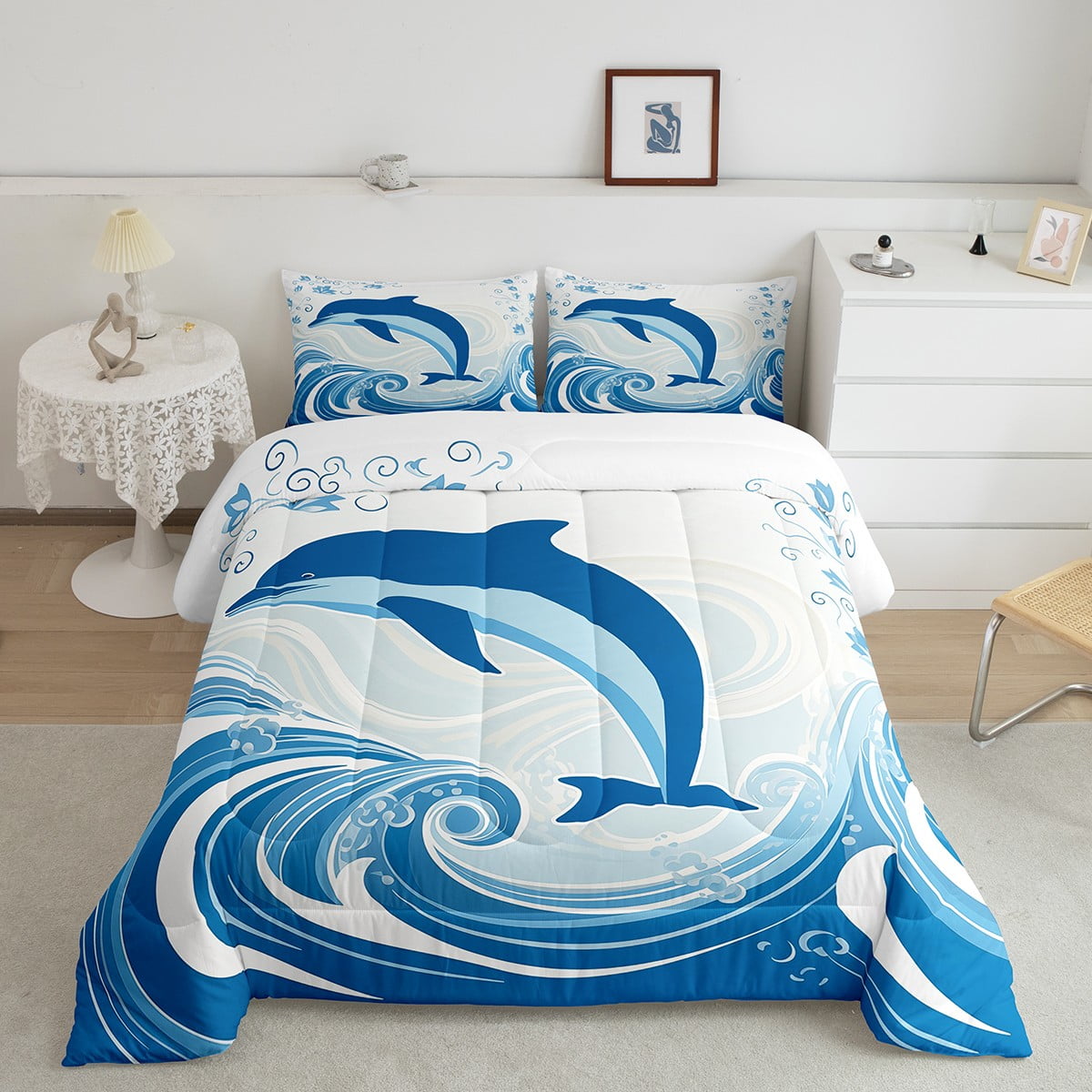 Dolphin Comforter Set Twin Size, Cute Sea Animal Marine Life Bedding ...