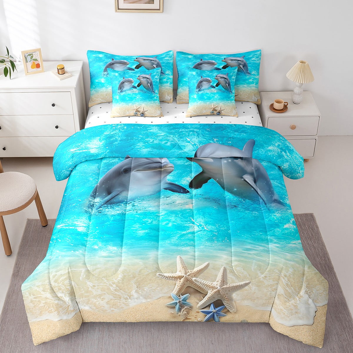 Dolphin Comforter Set Full Size 7 Piece Teal Sea Life Ocean Animal Bed ...