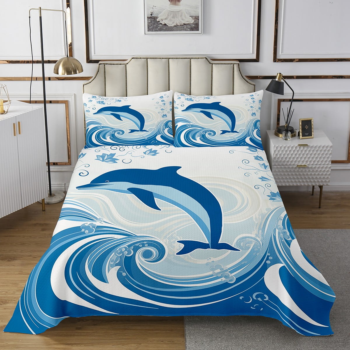 YST Dolphin Quilt Set King Size, Cute Sea Animal Marine Life Coverlet ...
