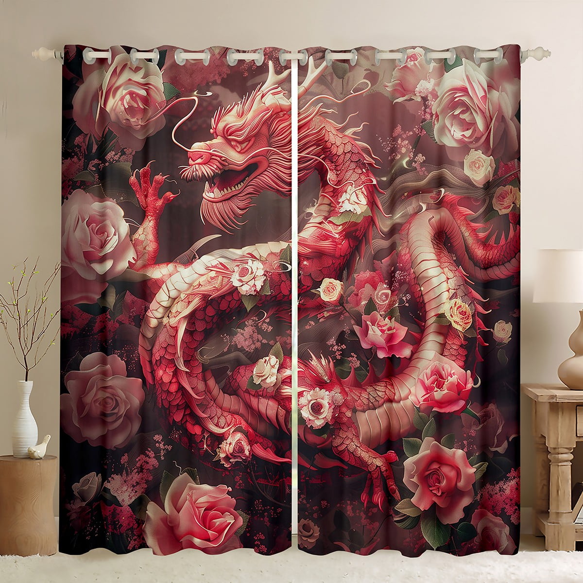 Dragon 38"Wx45"L 30%-50% Blackout Curtains Exotic Chinese Style Window ...