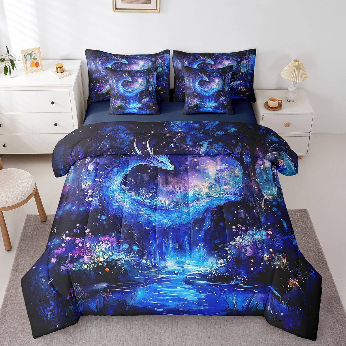 Dragon 7 Piece Comforter Set Full Size,Magical Jungle Botanical Bed in ...