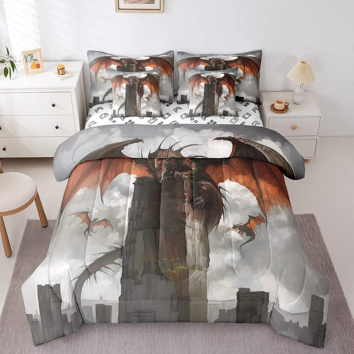 Dragon 7 Piece Comforter Set Full Size,Vintage Western Dragon Bed in a ...