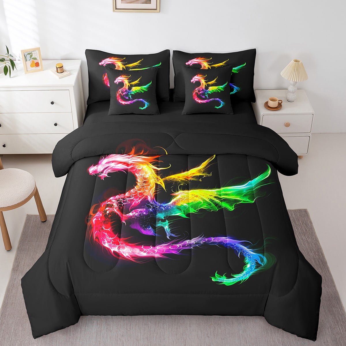 YST Dragon Bed In A Bag Twin Neon Dragon Comforter Set 7 Piece Rainbow ...