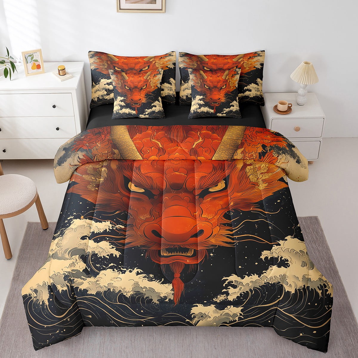 Dragon Bed Set Full Size 7pcs, Japanese Ukiyo-E Animals Bedding Set Bed ...