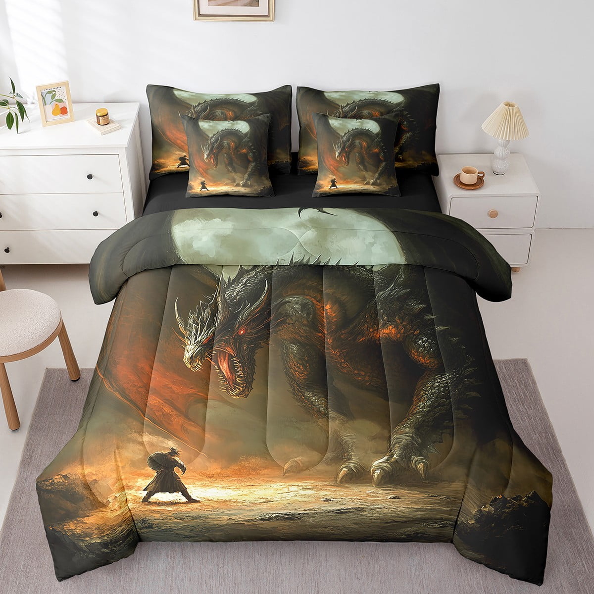 Dragon Bed Set King Size 7pcs, 3D Pterosaur Gothic Bedroom Decor ...