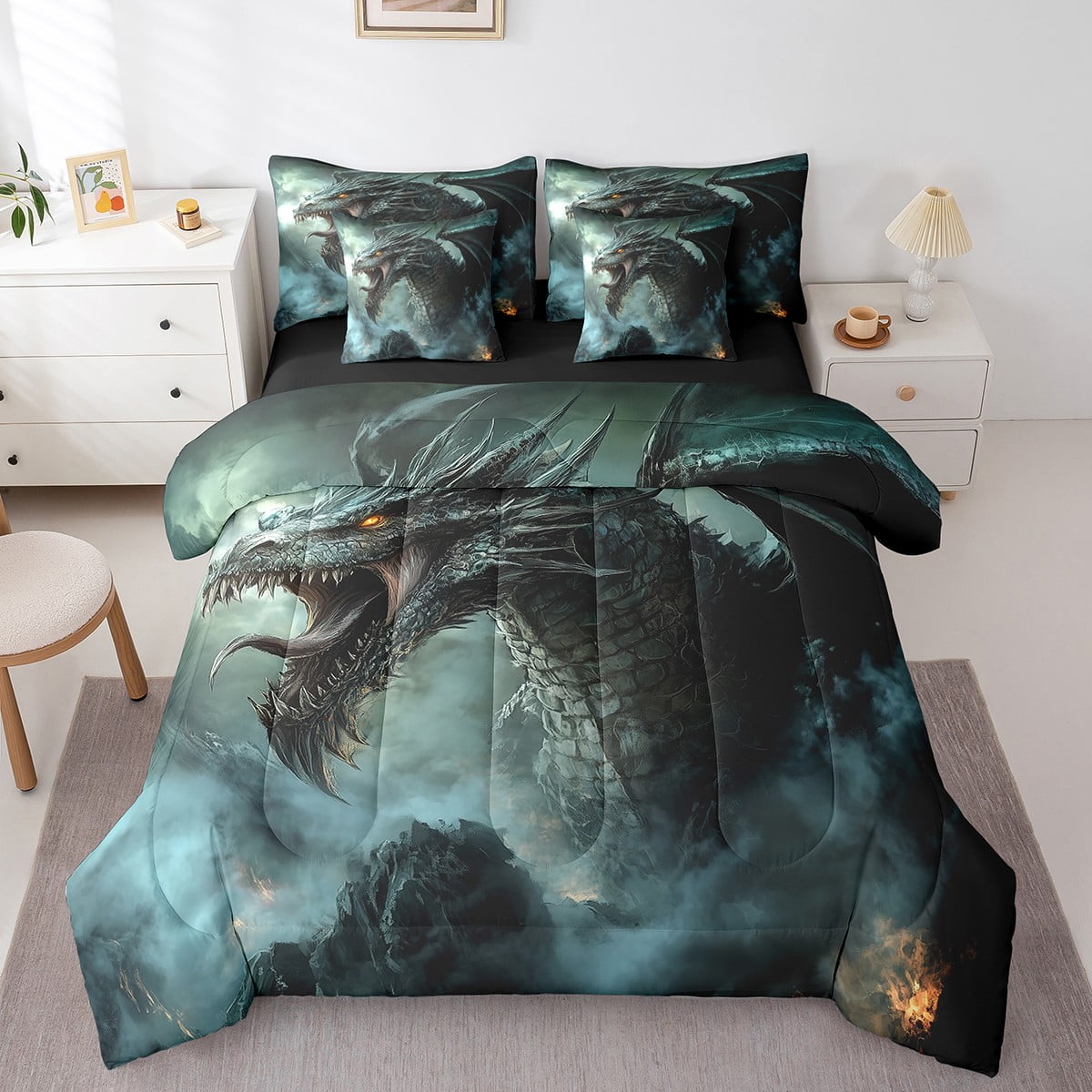Dragon Bed Set King Size 7pcs, 3D Smoky Wildlife Bedroom Decor ...