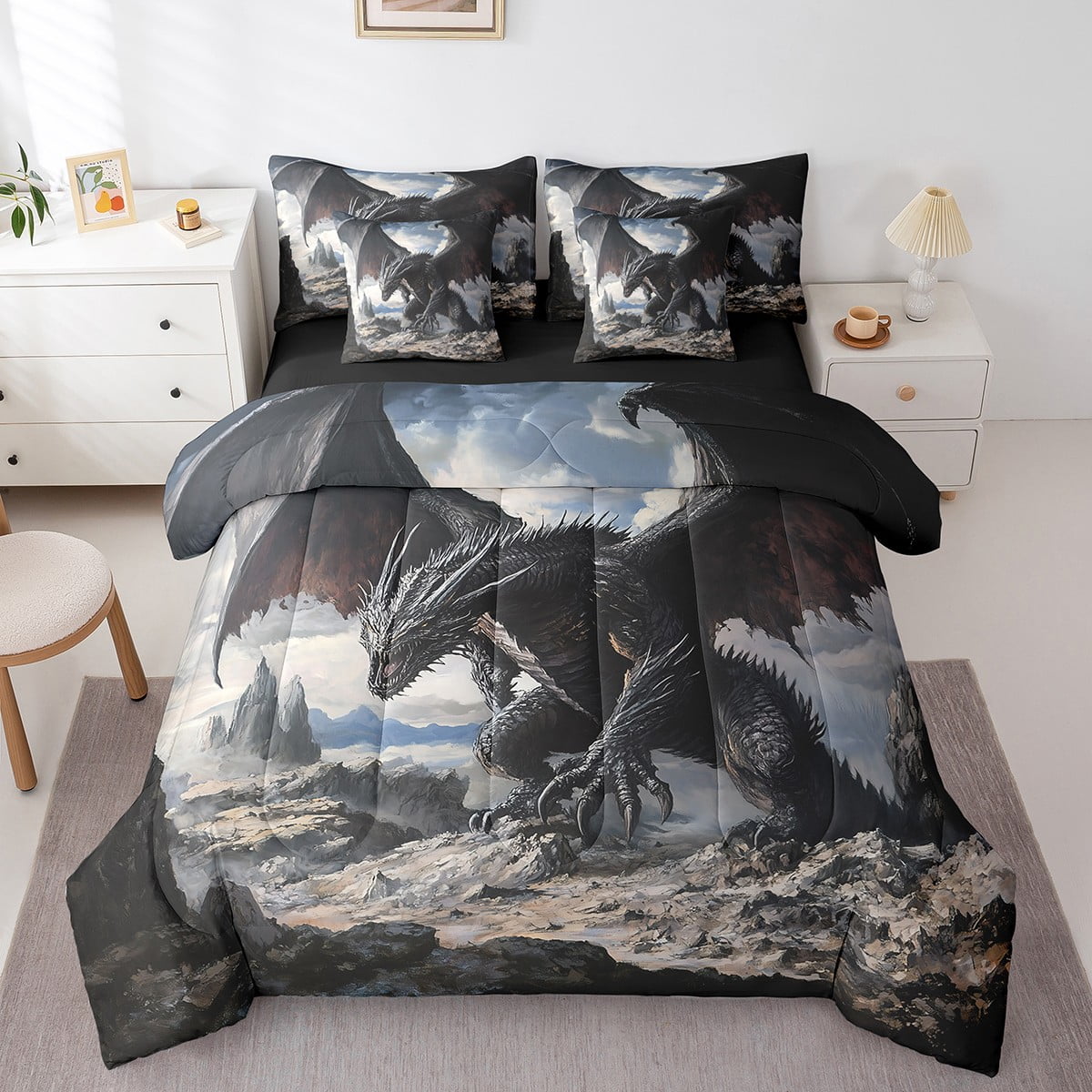 Dragon Bed Set King Size 7pcs, 3D Wildlife Pterosaur Bedroom Decor ...