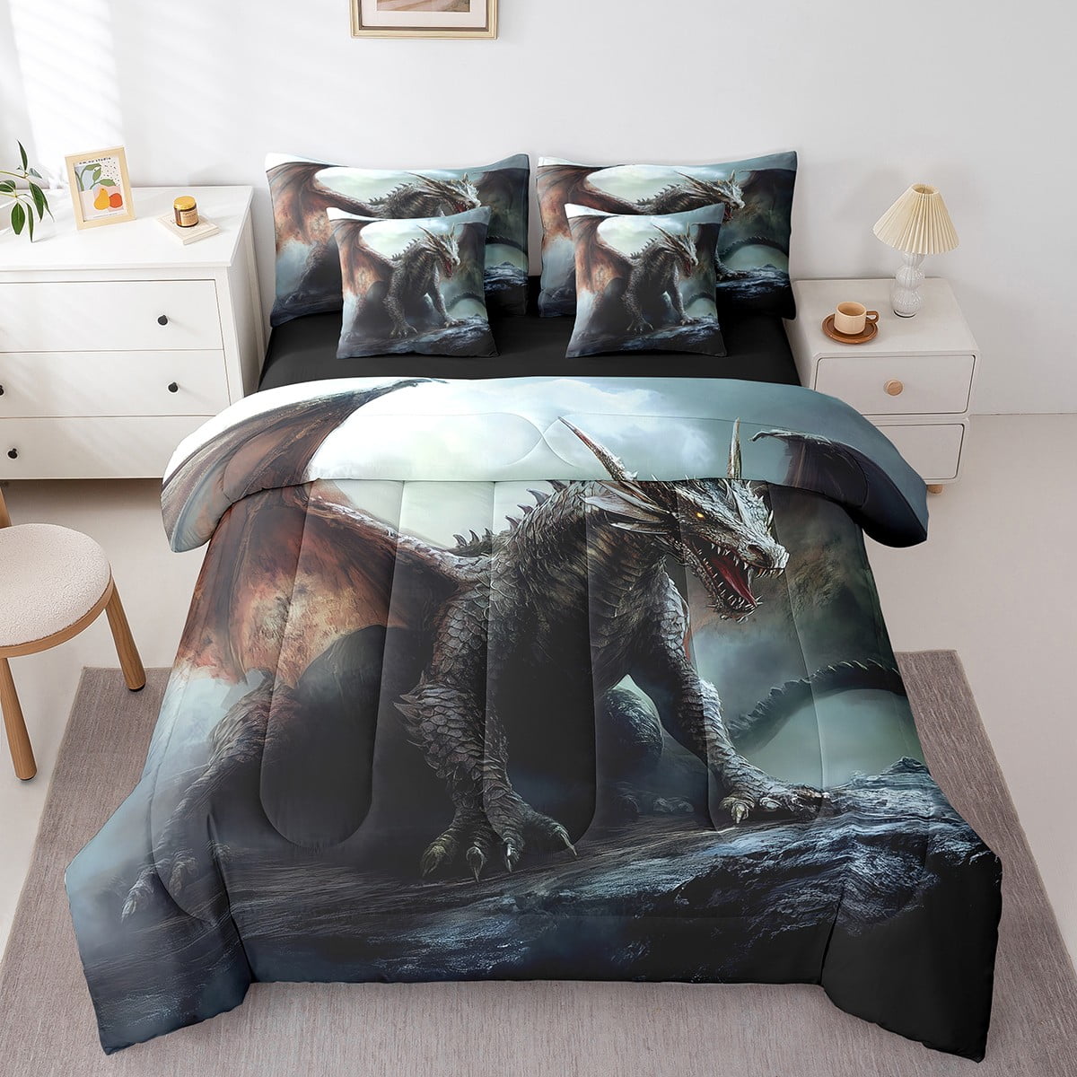 YST Dragon Bed Set King Size 7pcs, Rock Wildlife Pterosaur Animals Soft ...