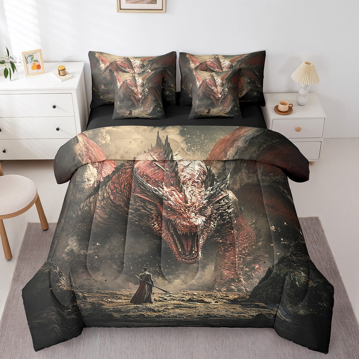 Erosebridal Dragon Bed Set King Size 7pcs, Samurai 3D Pterosaur Soft ...
