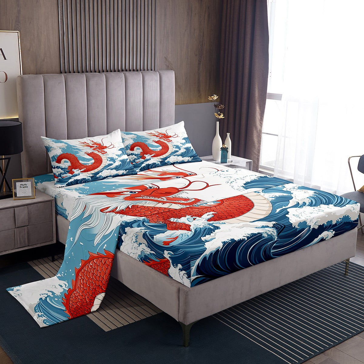 YST Dragon Bed Sheets Set King Size Japanese Wave Sheet Set,Japanese ...