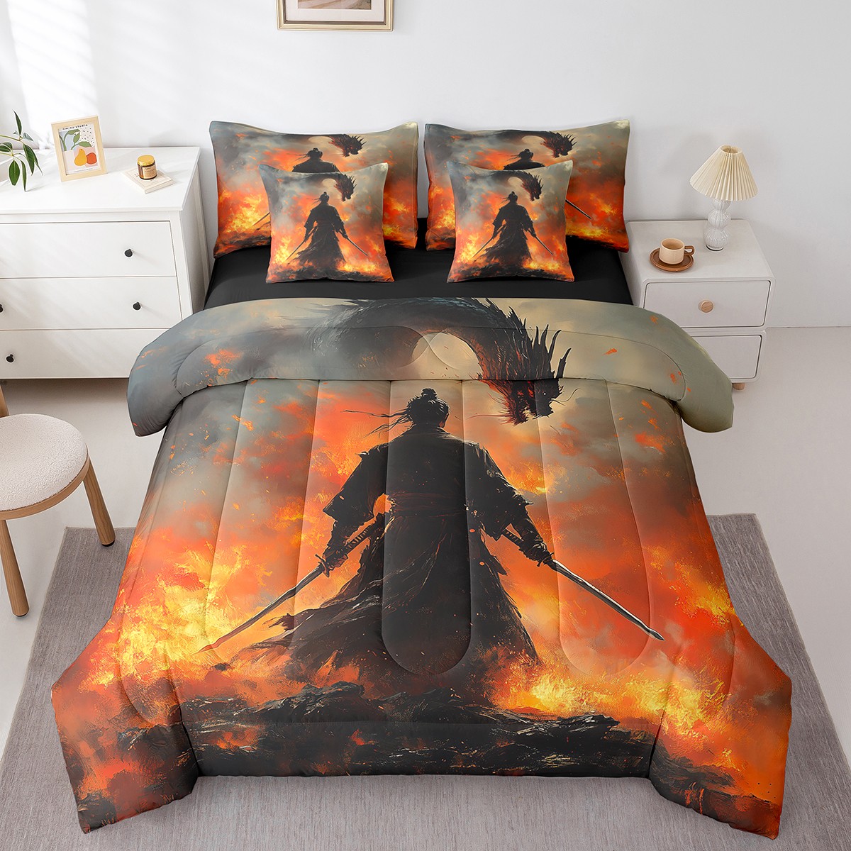 Dragon Bedding Set, Samurai Sheet Set Full Size Ancient Loong Animal ...