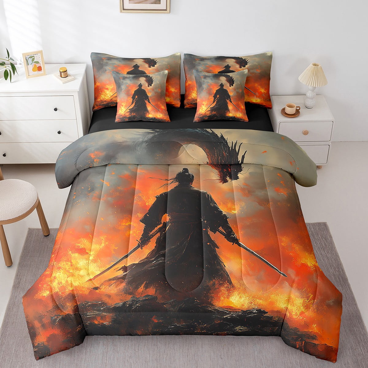 Dragon Bedding Set, Samurai Sheet Set Twin Size Ancient Loong Animal ...