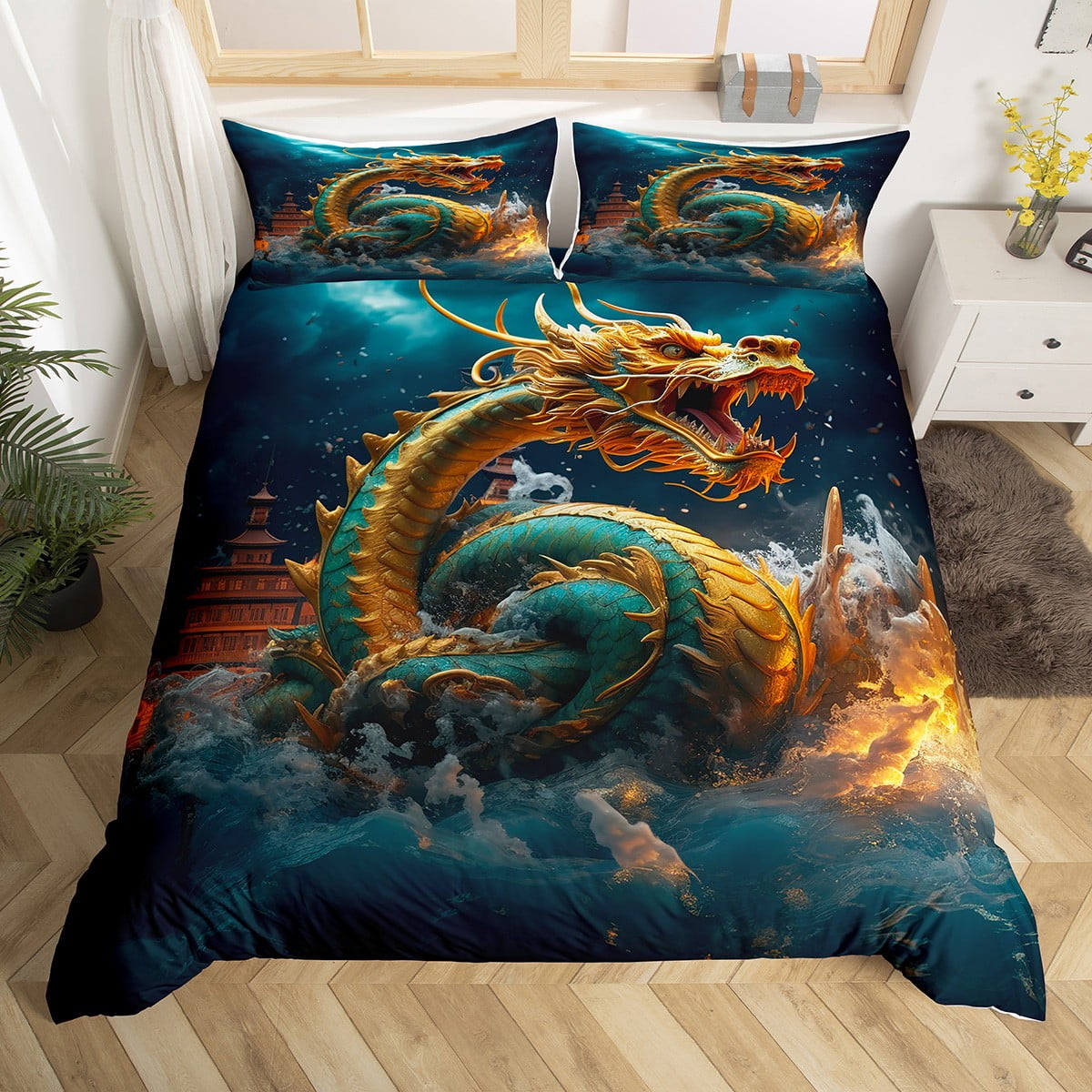 YST Dragon Bedding Set Twin Magical Animal Comforter Cover, Turqoise ...