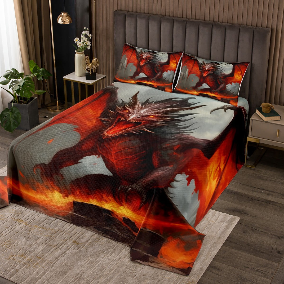 YST Dragon Bedspread Set Queen for Boys Girls Kids,Fire Print Trippy ...