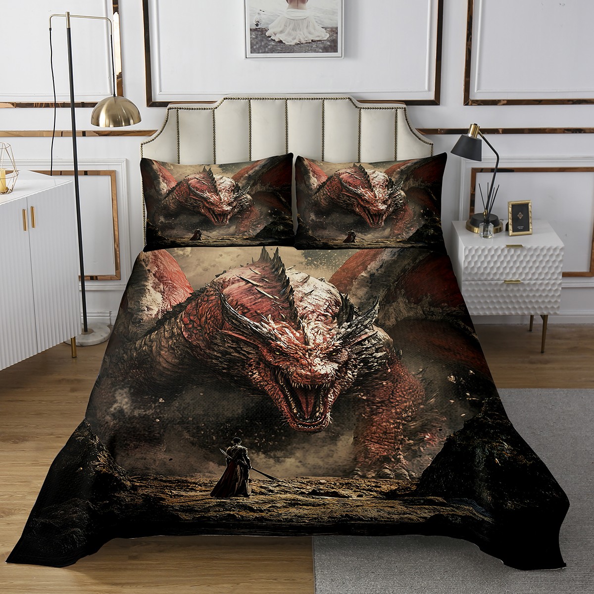 Dragon Bedspread Set Twin Size, Samurai 3D Pterosaur Soft Cozy Quilt ...