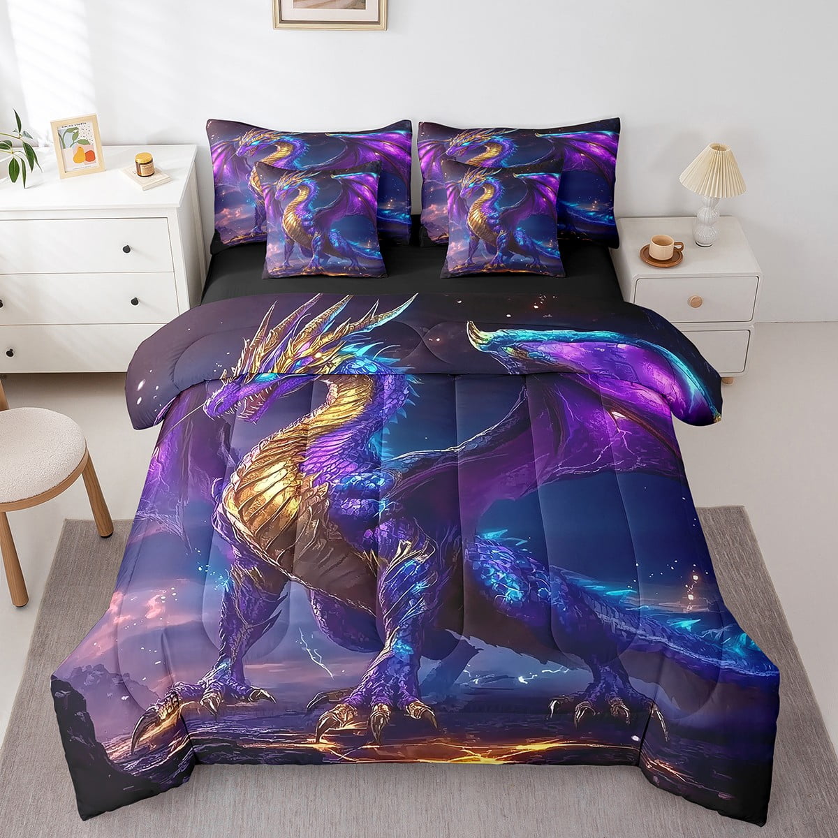 Dragon Comforter 7 Pieces Queen Size, Magic Animal Loong Bedding Set ...