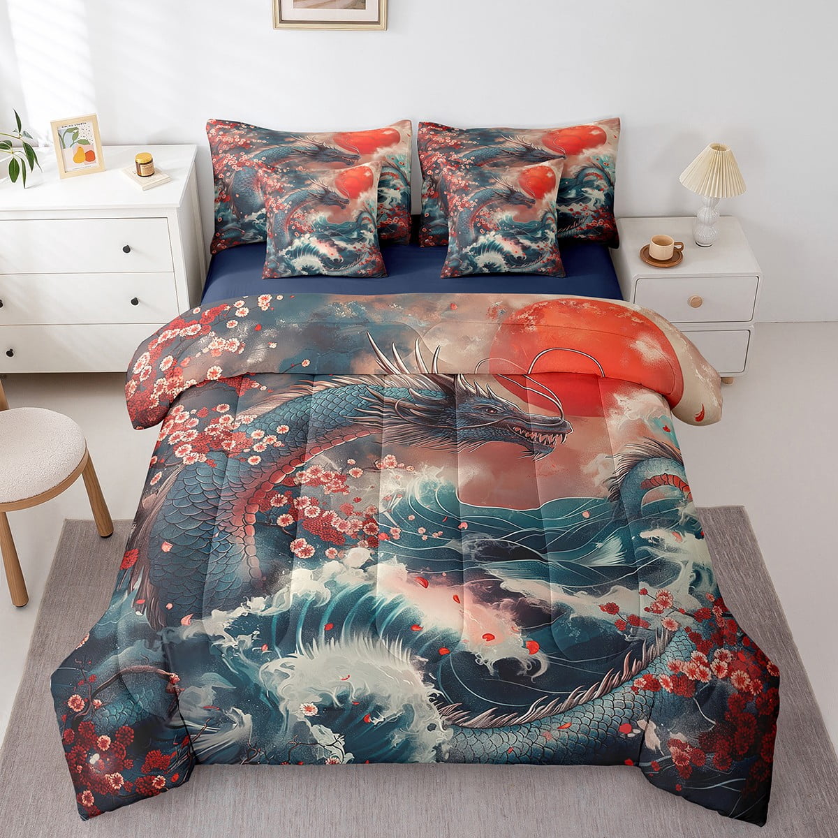Dragon Comforter Set 7 Pieces Bed In A Bag Queen Size, Cherry Blossoms ...