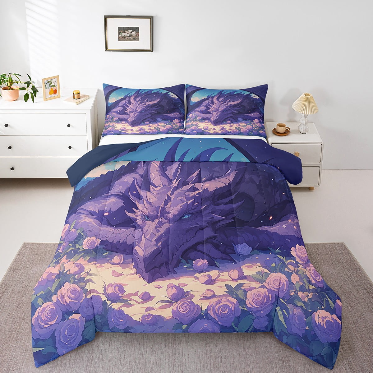 YST Dragon Comforter Set For Girls, Loong Pattern Bedding Set Queen Size Rose Flower Bedding ...