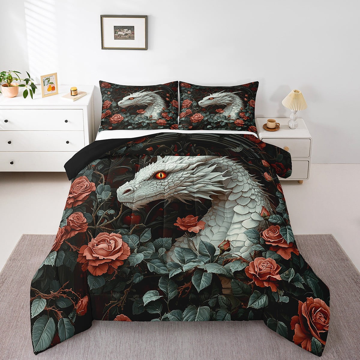 YST Dragon Comforter Set Full Size, 3D Animal Theme Quilt Red Rose ...