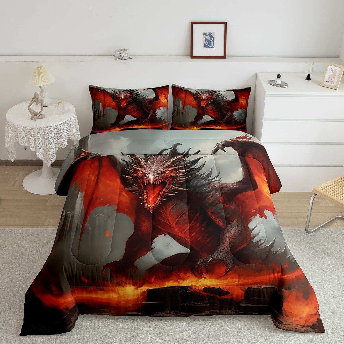 Dragon Comforter Set Queen ,Fire Print Trippy Bedding Set Gothic Home ...