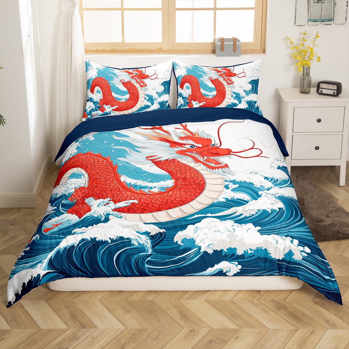 YST Dragon Duvet Cover Twin Size Japanese Wave Bedding Set,Japanese Ukiyoe Quilt Cover With 1 ...