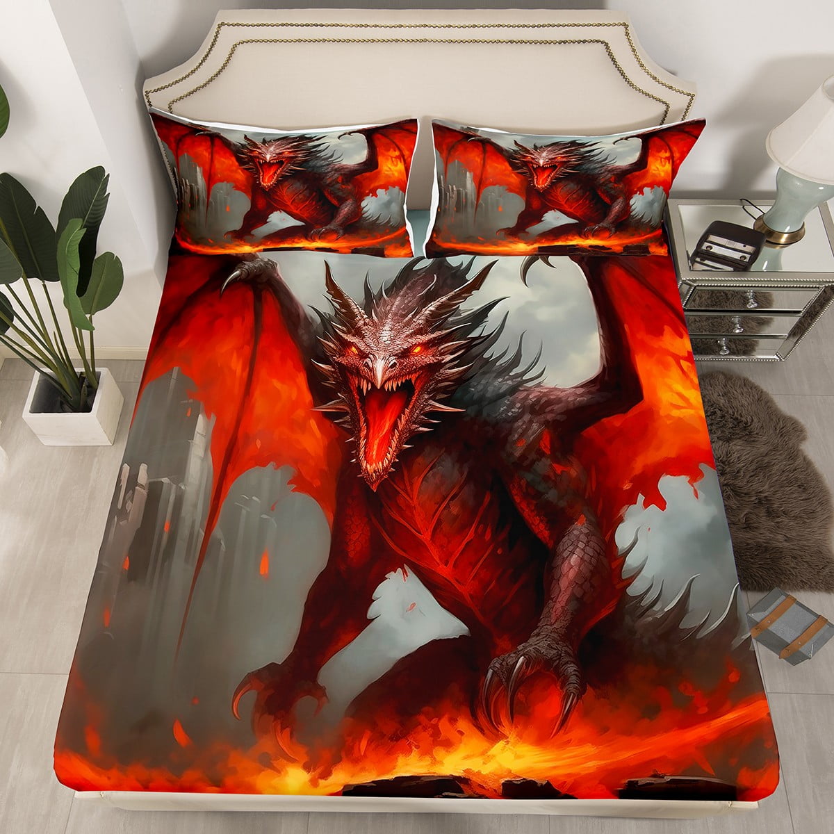 YST Dragon Fitted Sheet Queen for Boys Girls Kids,Fire Print Trippy ...