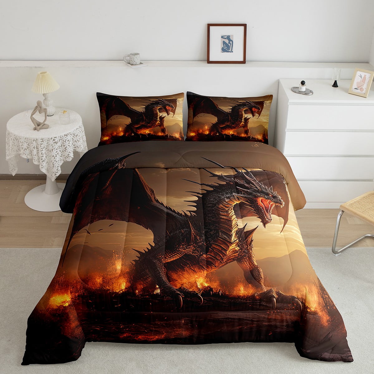 YST Dragon Print Comforter Set King Teen Boys Bedding Set, 3D Printed Duvet Set Jungle Fire ...