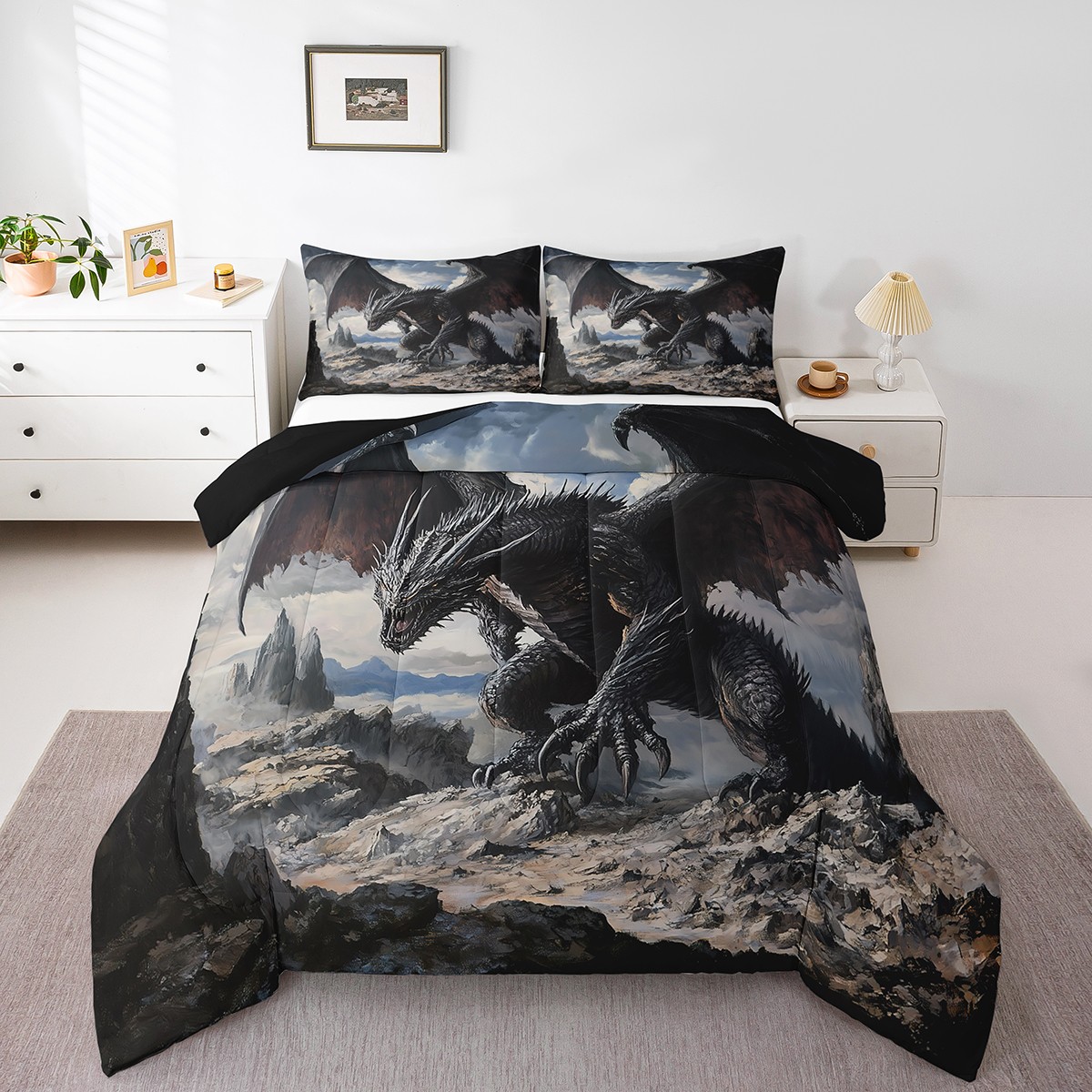 Dragon Queen Size Comforter Set, 3D Wildlife Pterosaur Breathable ...