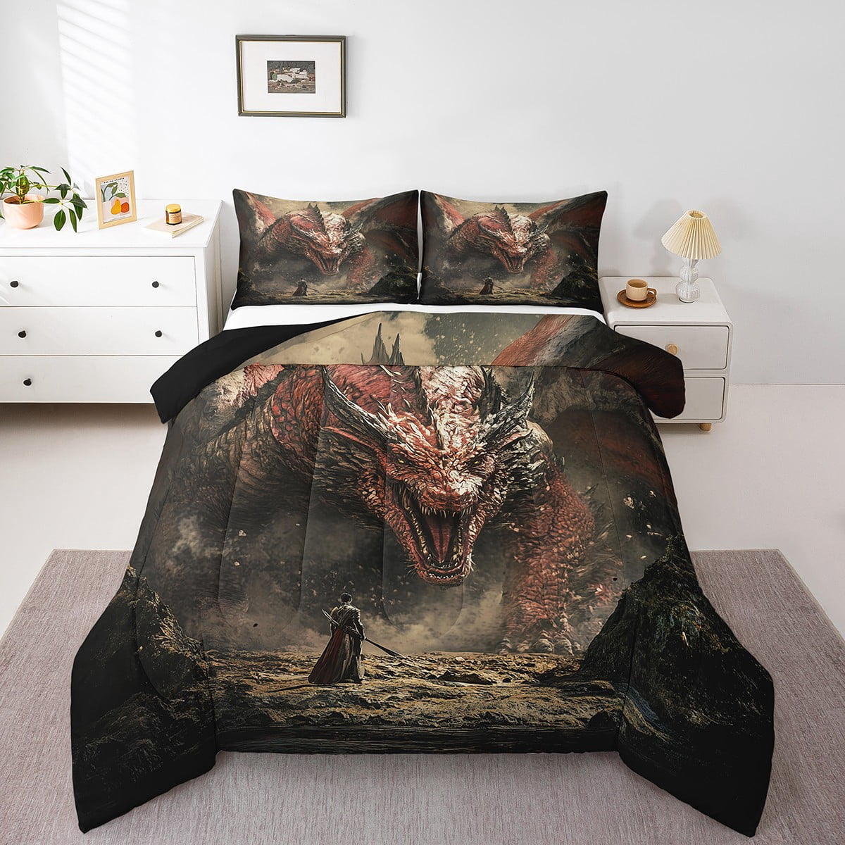 Dragon Queen Size Comforter Set, Samurai 3D Pterosaur Soft Bedding Sets ...