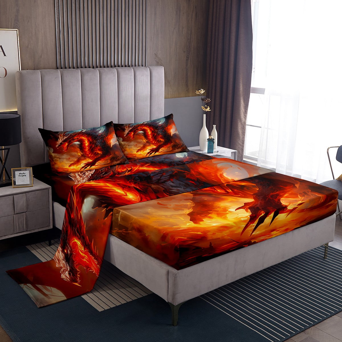 Erosebridal Dragon Sheet Set,Fire Print Psychedelic Bed Sheets Queen ...