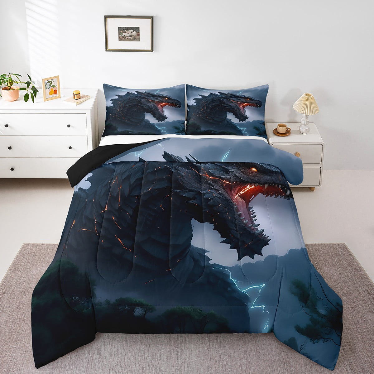Dragon Comforter Set, Roaring Dinosaur 3D Soft Bedding Sets For Bedroom, Rock Wildlife Thunder ...