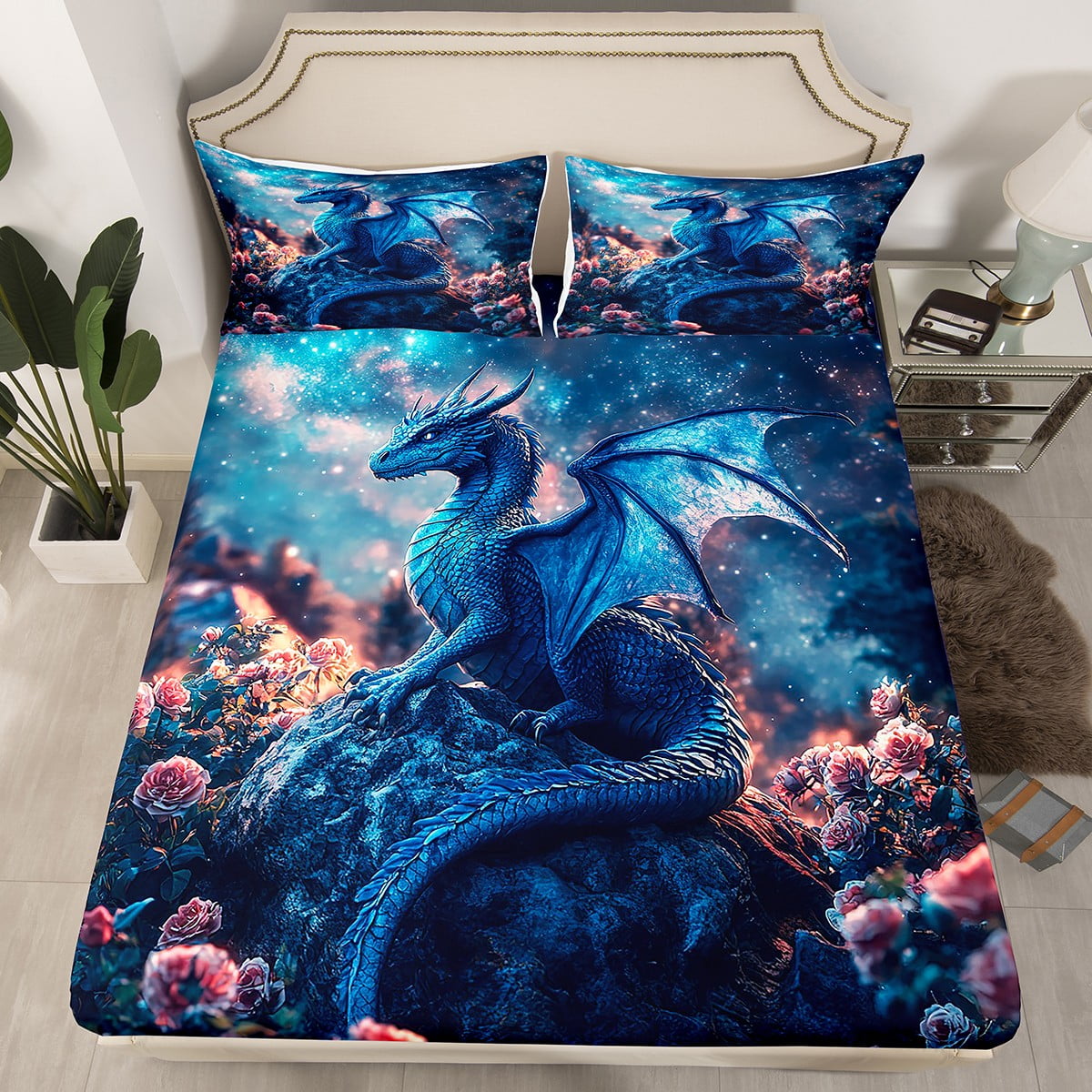 YST Dragon Twin Bed Sheets For Boys Girls,Floral Blue Western Dragon ...