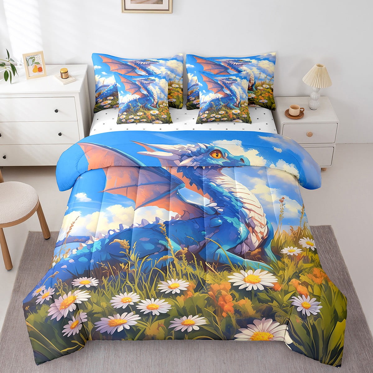 YST Dragon Twin Size Comforter Set 7pcs Bed in a Bag, Daisy Flowers ...