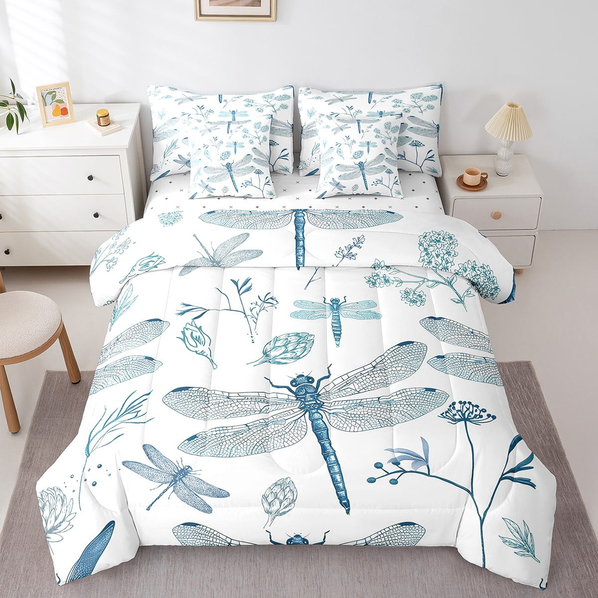 YST Dragonfly Bedding Set Queen 7 Piece,Teal Hydrangea Dragonfly ...