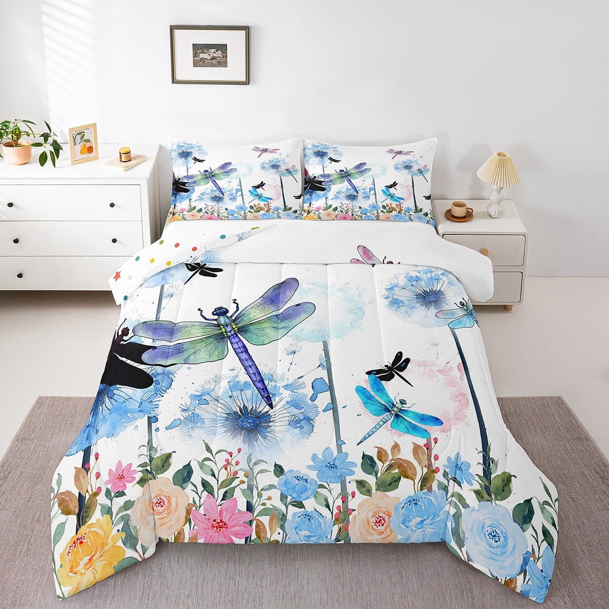 Dragonfly Comforter Set King Size Blue Gradient Bedding 3 Piece, Rustic ...