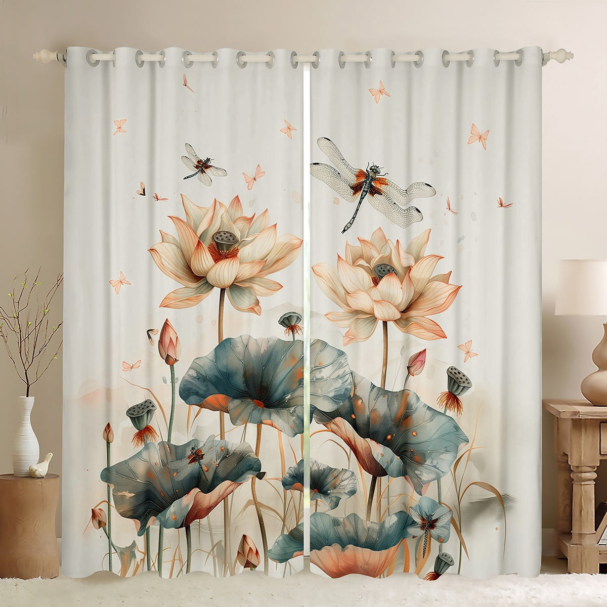 YST Dragonfly Curtains,Lotus Leaf Floral Curtains Blackout for Bedroom ...